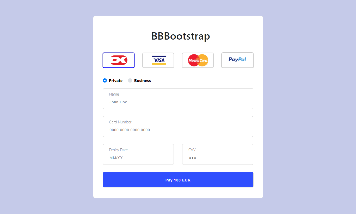 Bootstrap 4 Credit card payment form Example