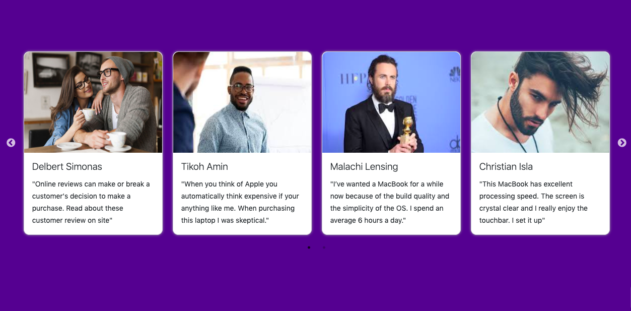 Bootstrap 4 testimonial card section Example