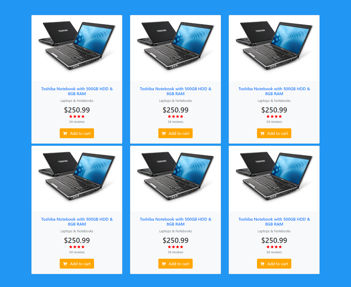 Bootstrap 4 Product list with add to bag and order now options Example