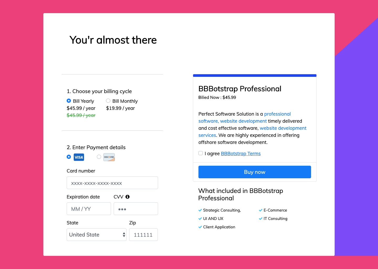 Bootstrap 4 Bill template with checkout option Example