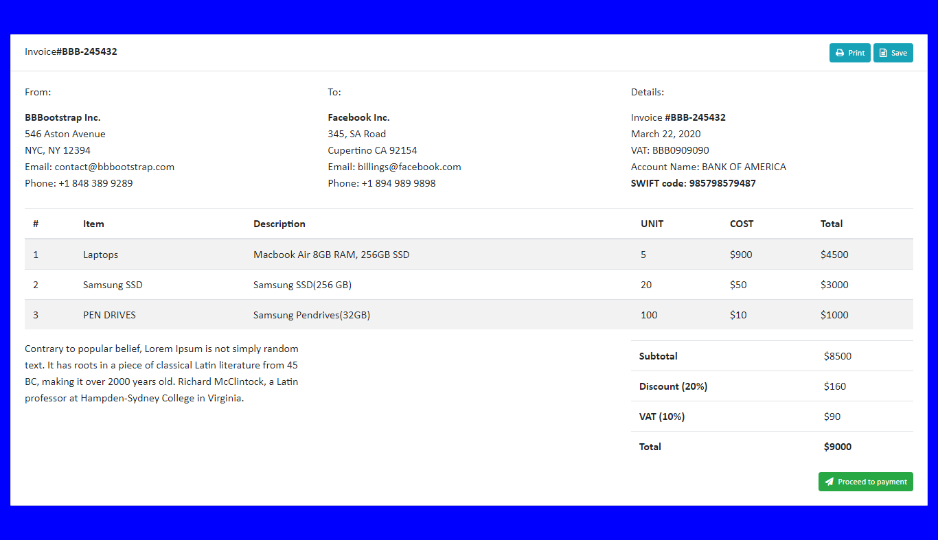 Bootstrap 5 simple invoice template Example